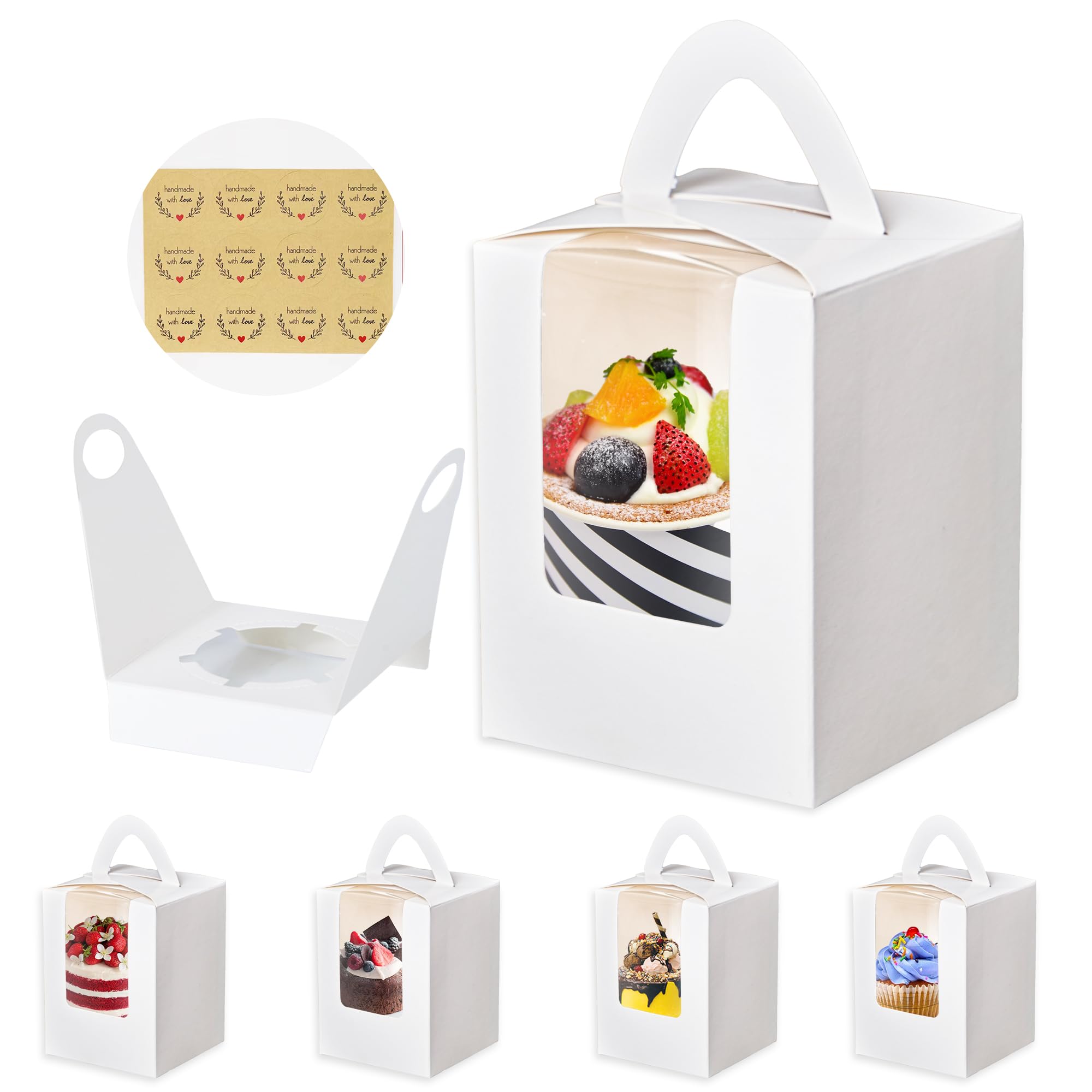 Zzrywuty 60 Packs Portable Cupcake Boxes Individual with Handle, 3.5x3.5x4.5 Single Favor Pastry Treat Boxes with Window for Cookie, Chocolate Strawberries, Dessert, Donuts, Cupcakes, Muffins