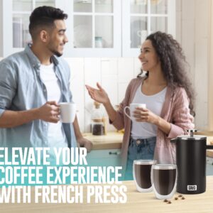 French Press Coffee Maker 34oz - set of 2 Double-Wall Insulate Glass 12oz - Tea Press Insulated Stainless Stainless French Press - 2 Extra Filters - Black Coffee Press