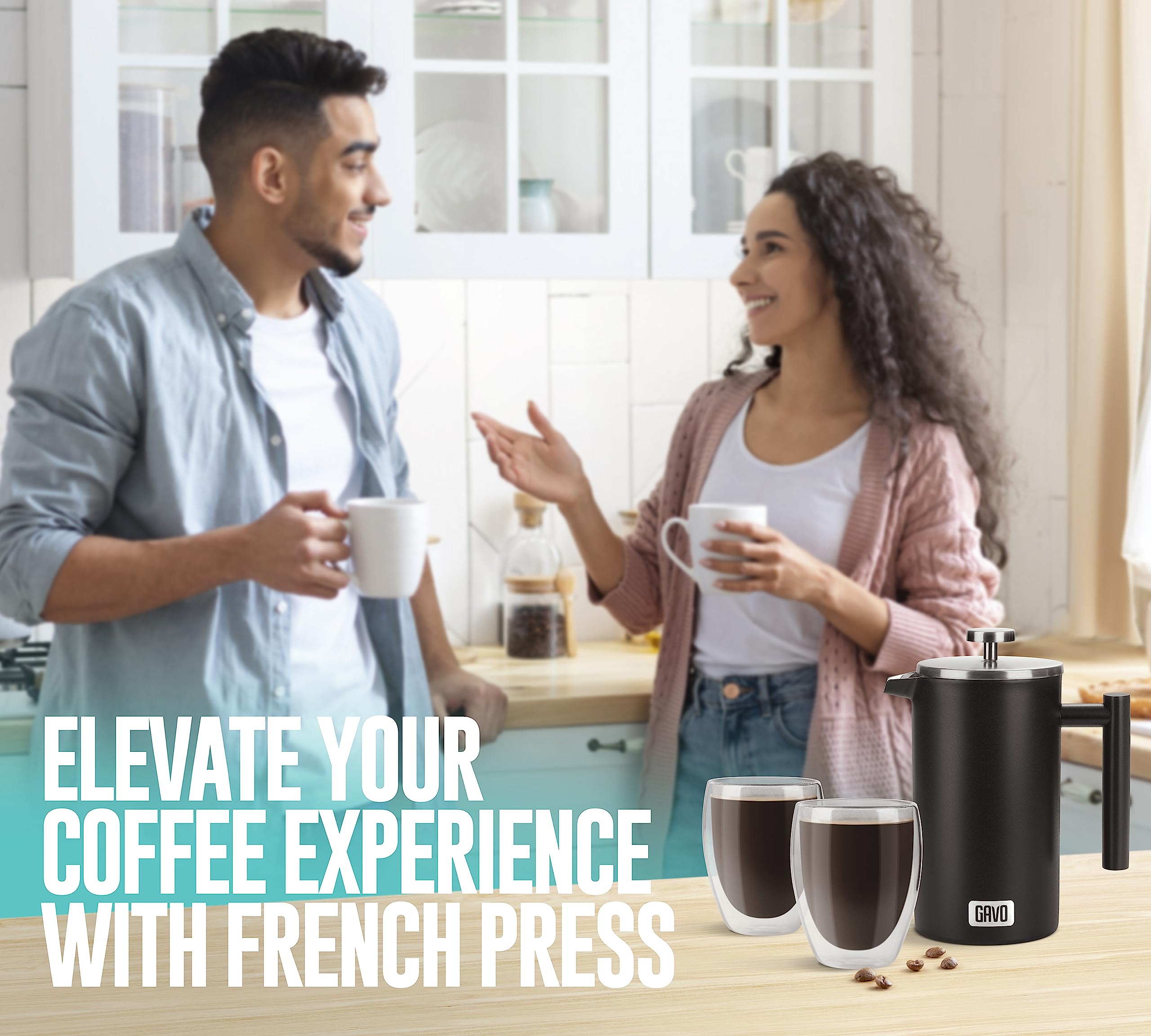 French Press Coffee Maker 34oz - set of 2 Double-Wall Insulate Glass 12oz - Tea Press Insulated Stainless Stainless French Press - 2 Extra Filters - Black Coffee Press