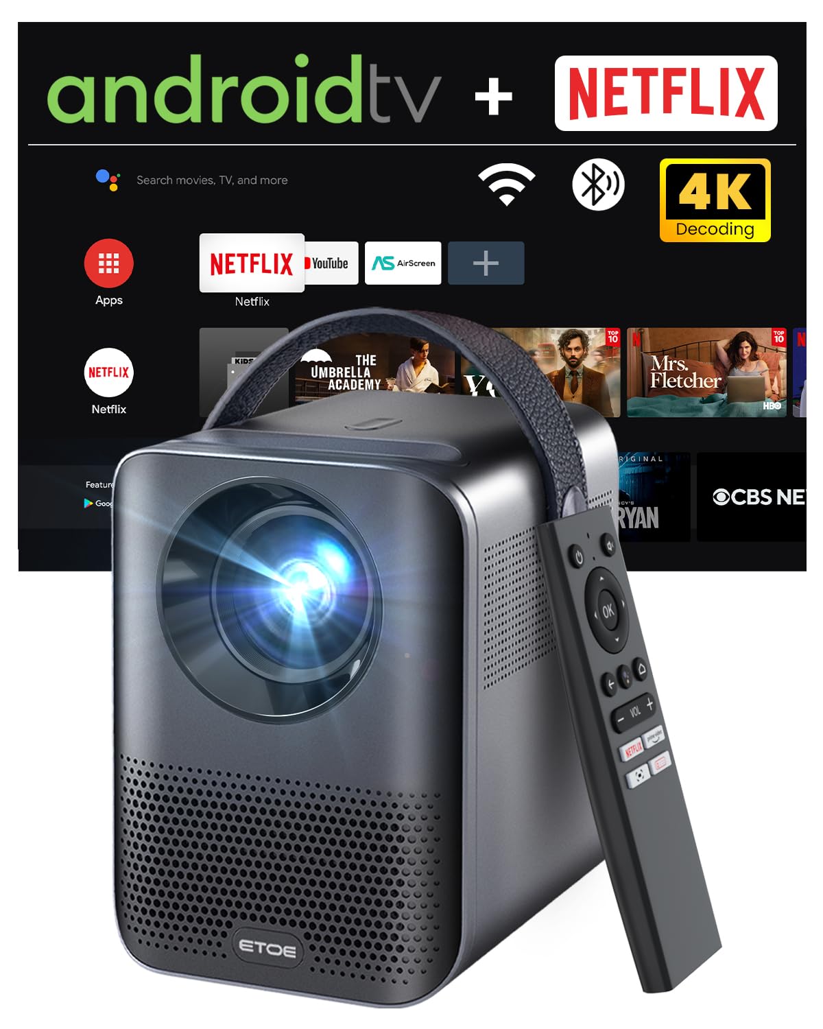 ETOE Smart Projector 1080P with Android TV 10.0, Netflix-Certified, 5G WiFi Bluetooth, Wireless Chromecast, Movie Projector Compatible with iOS/Android/HDMI/Fire TV stick - D2 Pro