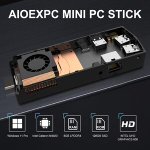 AIOEXPC Mini PC Stick Intel Celeron N4020 2.8GHz Windows 11 Pro 8GB DDR4 128GB SSD Mini Compute Stick Support 4K HDMI, 2.4G/5.0G WiFi, Gigabit Ethernet, Cooling System, Bluetooth 4.2, USB 3.0