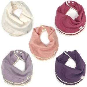 kishu baby indi - gots organic pom pom bibs for girls - set of 5 super soft muslin baby drool bibs with snaps (partita)