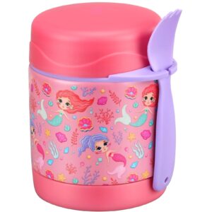 pawtong 10oz soup thermo for hot food kids insulated food jar,thermo hot food lunch container, width mouth stainless steel lunch box for kids with spoon (pink-mermaid)