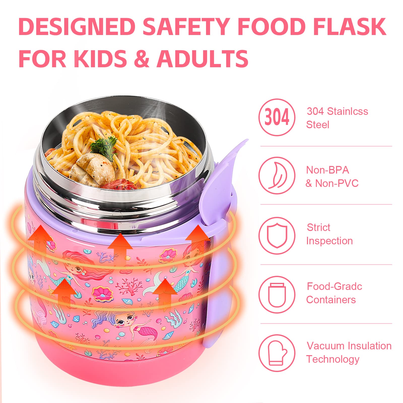 Pawtong 10oz Soup Thermo for Hot Food Kids Insulated Food Jar,Thermo Hot Food Lunch Container, Width Mouth Stainless Steel Lunch Box for Kids with Spoon (Pink-mermaid)