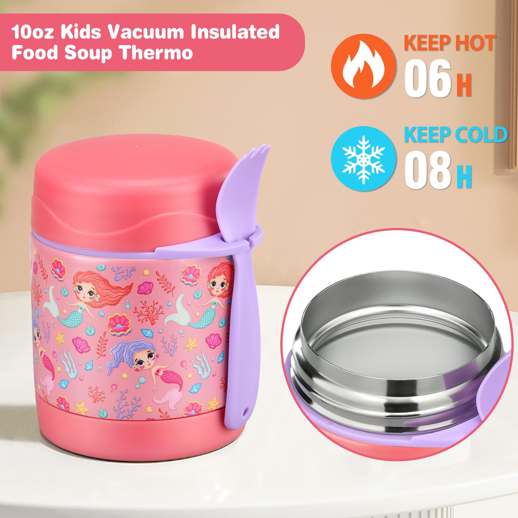 Pawtong 10oz Soup Thermo for Hot Food Kids Insulated Food Jar,Thermo Hot Food Lunch Container, Width Mouth Stainless Steel Lunch Box for Kids with Spoon (Pink-mermaid)