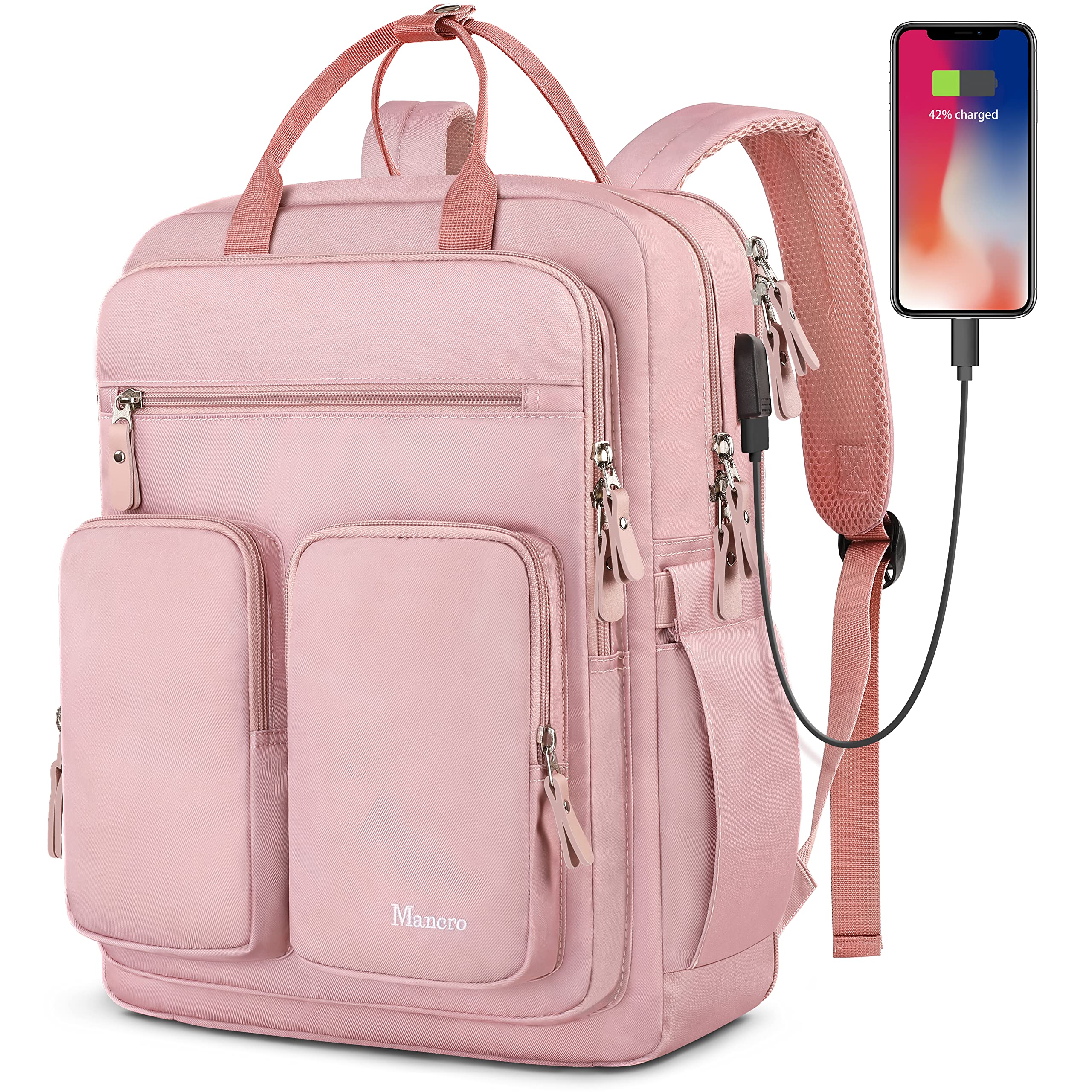 Mancro Travel Backpacks for Women, 17.3 Inch Laptop Backpack with TSA Compartment and USB Charging Port, Large Weekend Travel Backpack Daypack for College Gifts Backpack, Pink