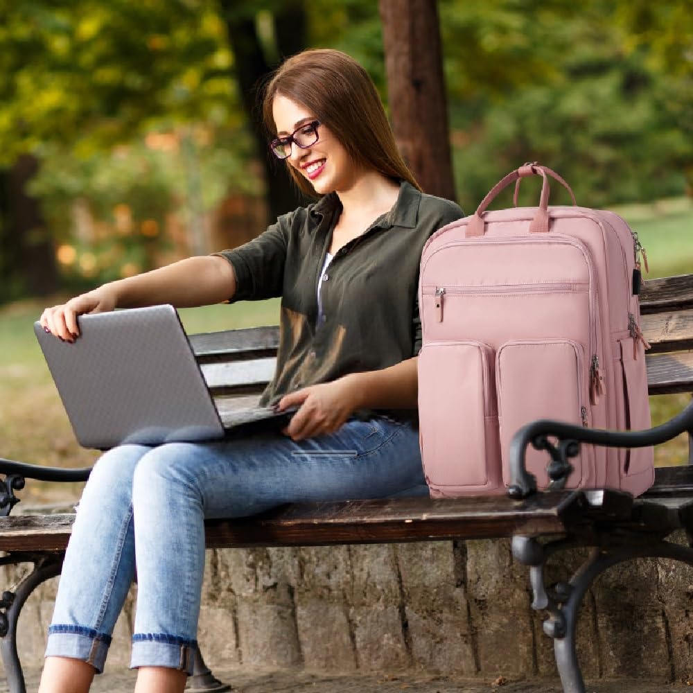 Mancro Travel Backpacks for Women, 17.3 Inch Laptop Backpack with TSA Compartment and USB Charging Port, Large Weekend Travel Backpack Daypack for College Gifts Backpack, Pink