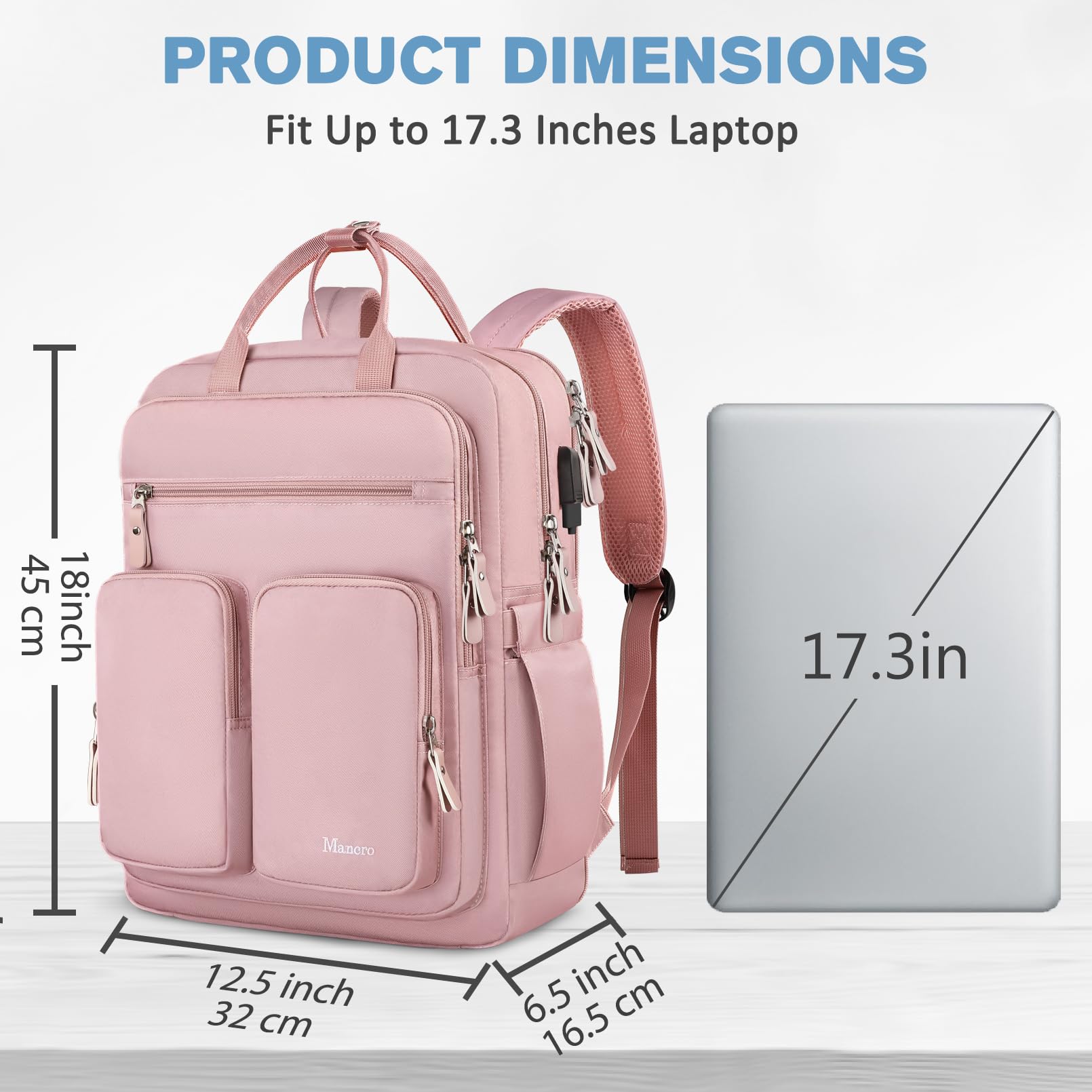 Mancro Travel Backpacks for Women, 17.3 Inch Laptop Backpack with TSA Compartment and USB Charging Port, Large Weekend Travel Backpack Daypack for College Gifts Backpack, Pink