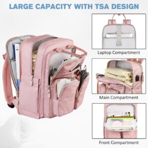 Mancro Travel Backpacks for Women, 17.3 Inch Laptop Backpack with TSA Compartment and USB Charging Port, Large Weekend Travel Backpack Daypack for College Gifts Backpack, Pink