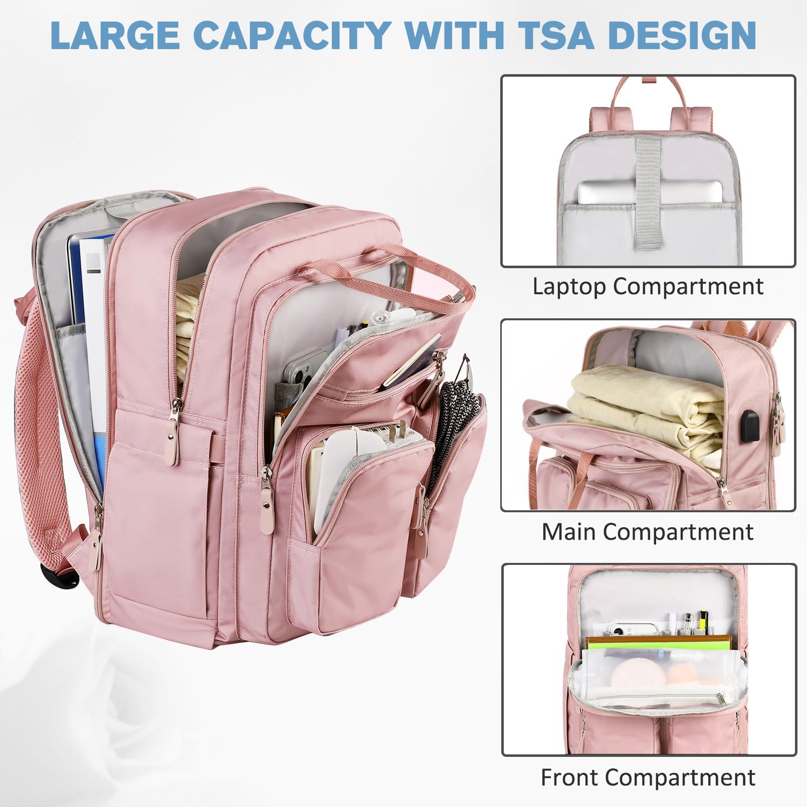 Mancro Travel Backpacks for Women, 17.3 Inch Laptop Backpack with TSA Compartment and USB Charging Port, Large Weekend Travel Backpack Daypack for College Gifts Backpack, Pink