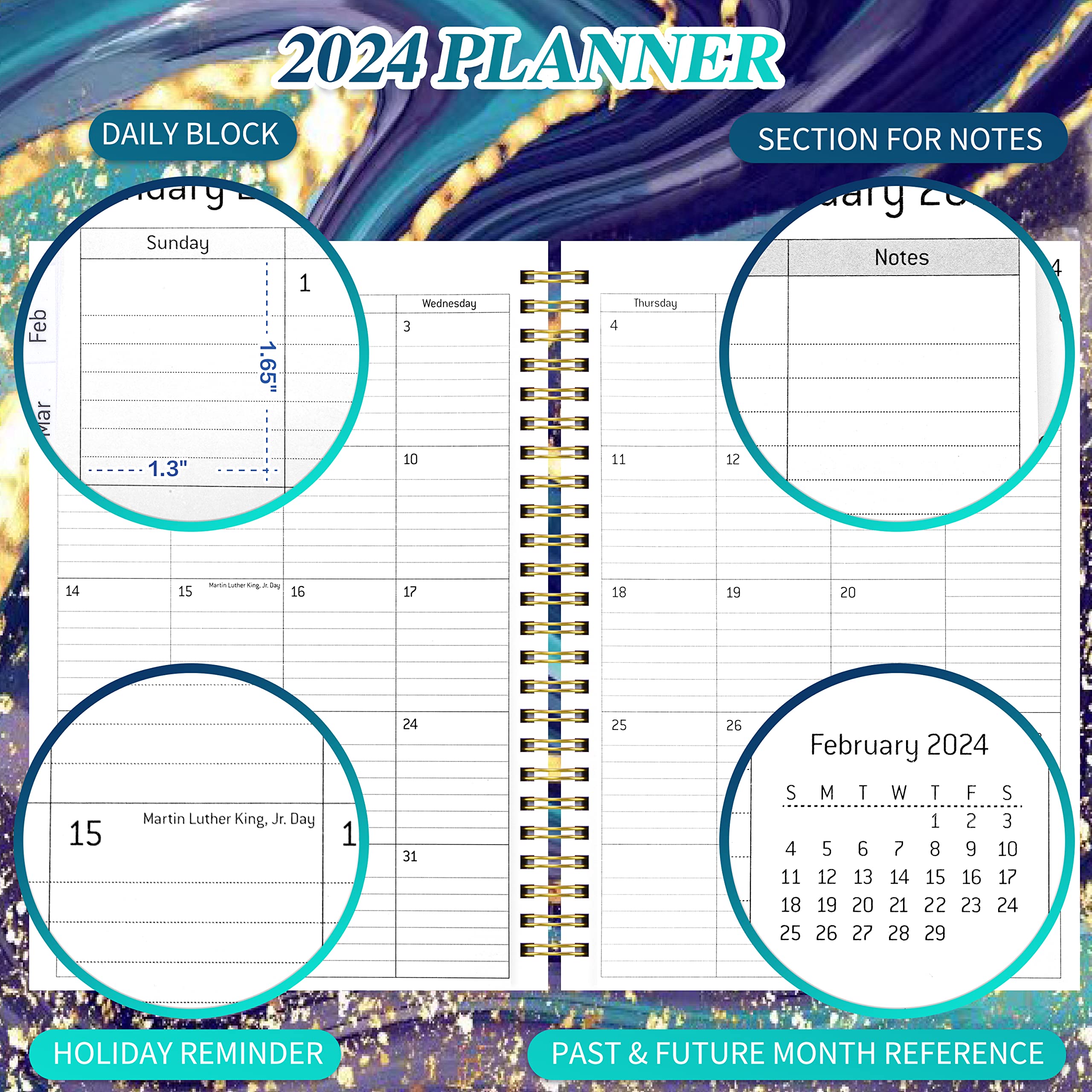 2024 Planner - Academic Weekly & Monthly Planner with Monthly Tabs, Elegant Daily Planner Yearly Calendar from Jan. 2024 to Dec. 2024, Hardcover Elastic Closure 6.4" x 8.5", Blue Waterink