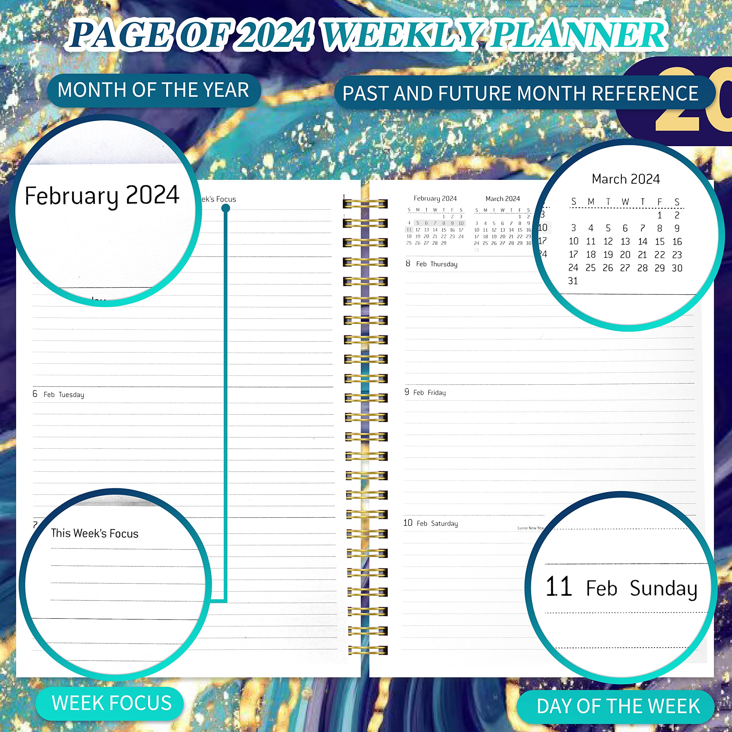 2024 Planner - Academic Weekly & Monthly Planner with Monthly Tabs, Elegant Daily Planner Yearly Calendar from Jan. 2024 to Dec. 2024, Hardcover Elastic Closure 6.4" x 8.5", Blue Waterink