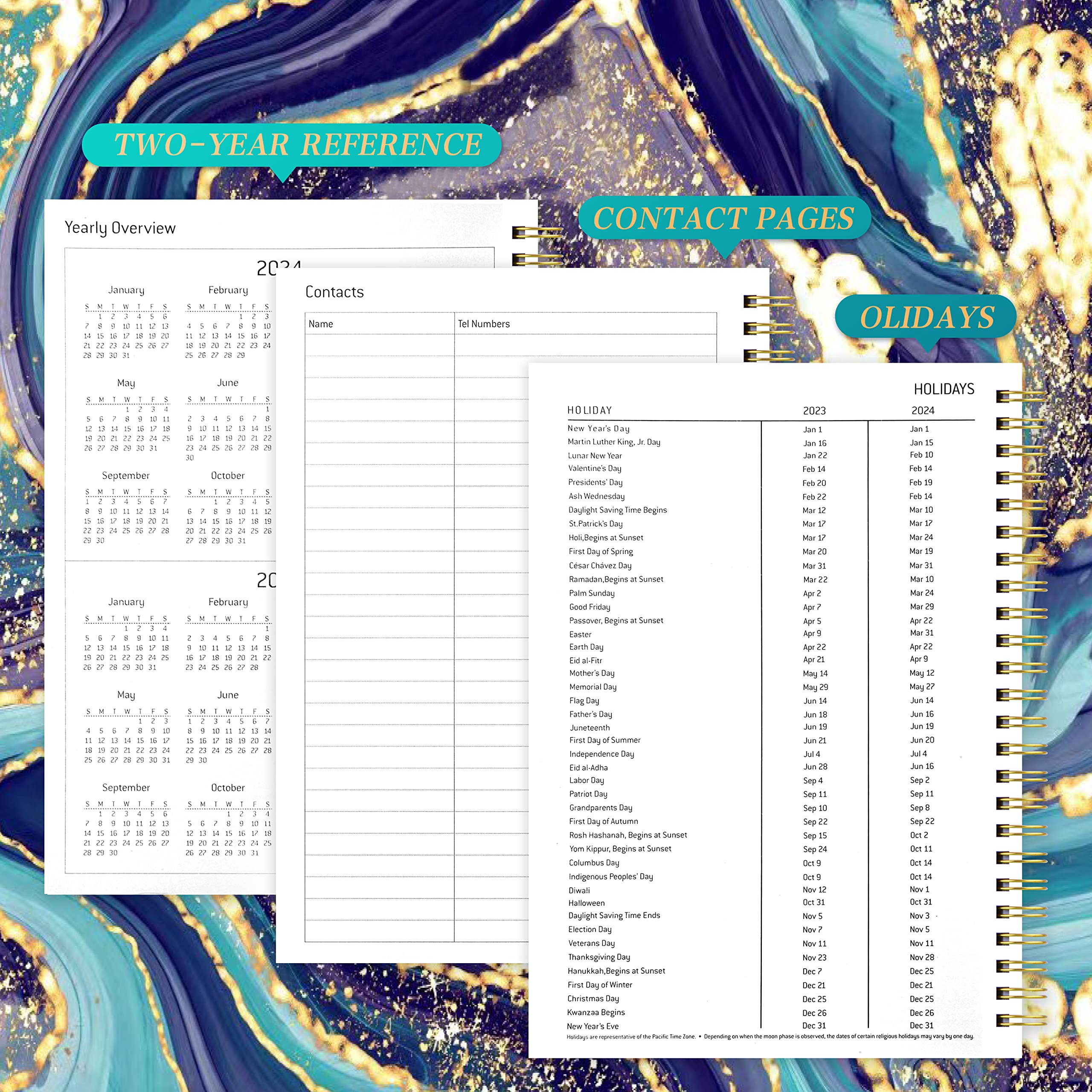 2024 Planner - Academic Weekly & Monthly Planner with Monthly Tabs, Elegant Daily Planner Yearly Calendar from Jan. 2024 to Dec. 2024, Hardcover Elastic Closure 6.4" x 8.5", Blue Waterink