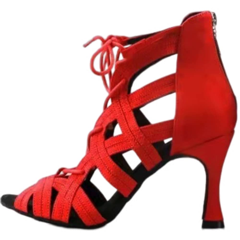 Womens Mesh Ventilated Ankle Strap Latin Dance Boots Peep Toe Lace Up Ballroom Party Tango Salsa Samba Custom Heela Red US 11.5