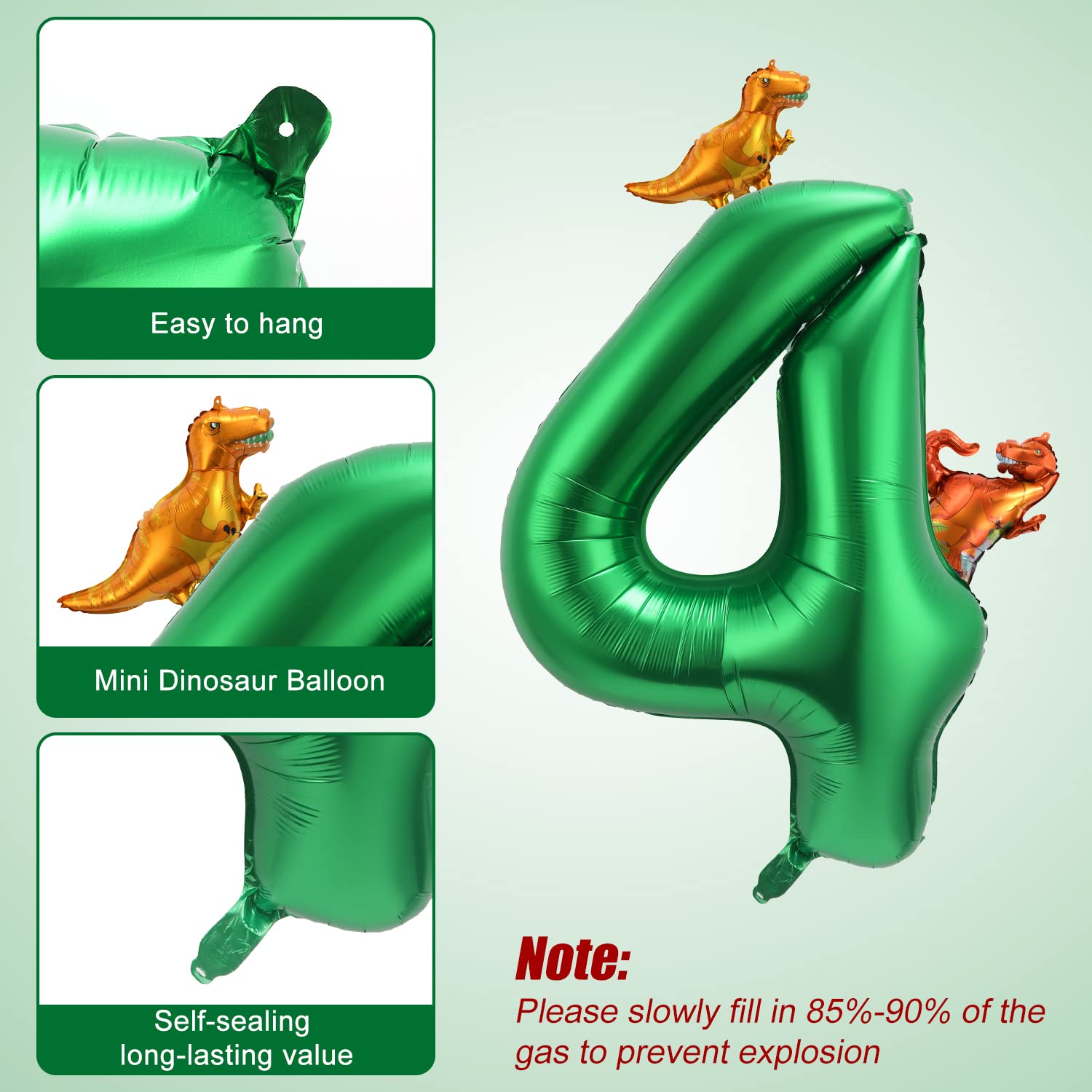 40 Inch Dark Green Number 4 Dinosaur Balloon, Aluminum Foil Large Number Balloon Green Balloon Cute Dinosaur Balloon for Birthday Party Anniversary Celebration Decoration