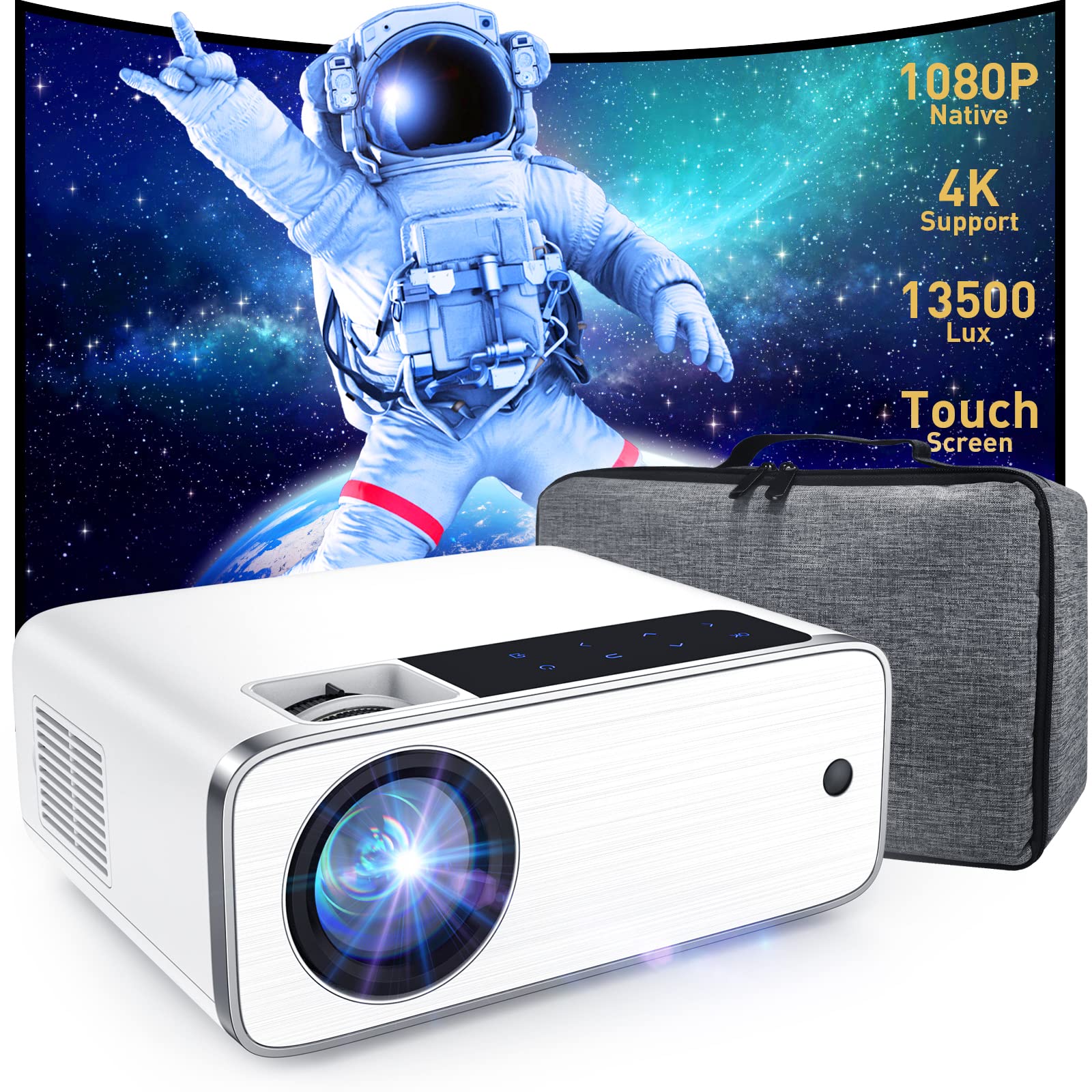 Projector, Native 1080P Projector 350ANSI 13500L 4k Support Outdoor Projector with 100" Screen, Video Movie Home Theater Projector, Keystone&Zoom Compatible with HDMI,USB,AV