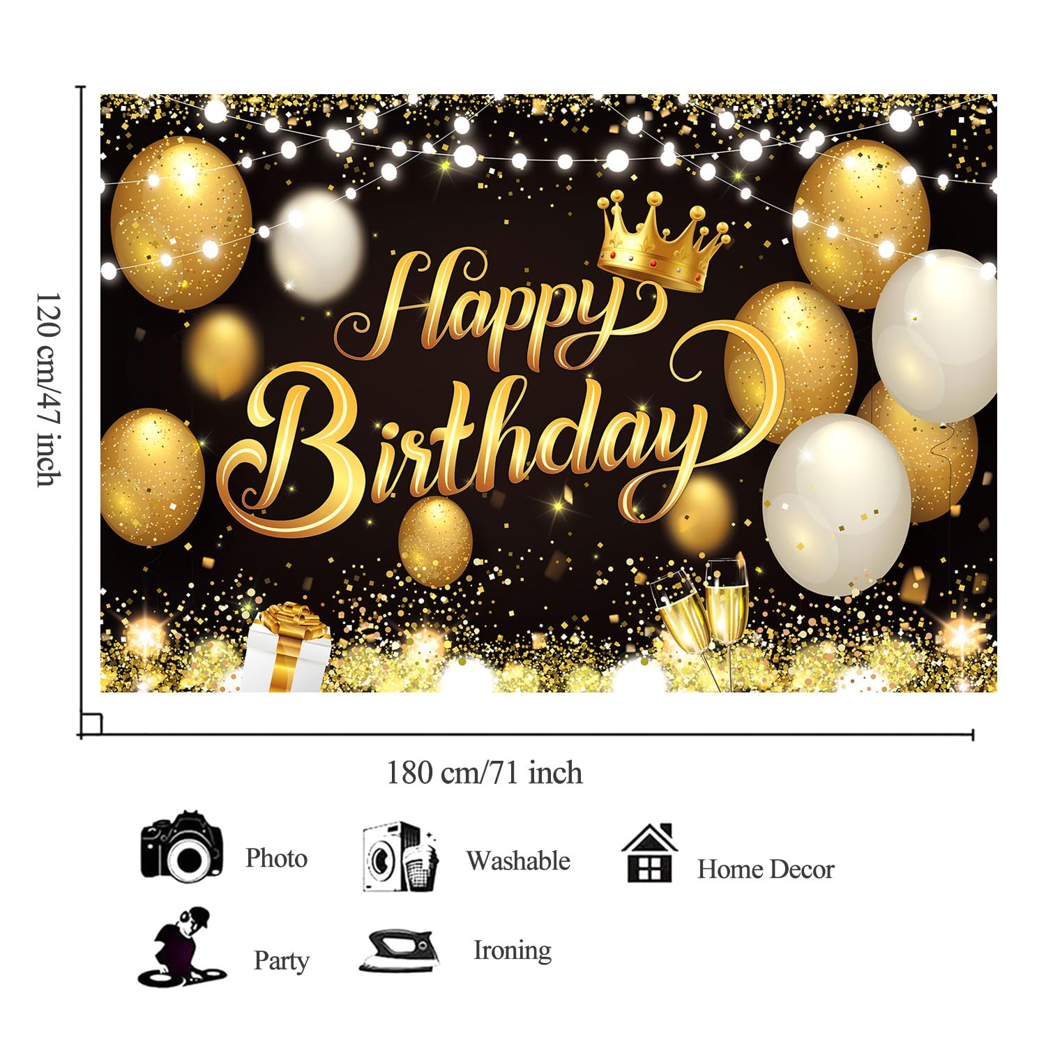 YinQin 180x120 cm Black Gold Happy Birthday Party Backdrops Cloth 71x47 in. Glitter Black Gold Happy Birthday Photography Backgrounds Banners Black Gold Happy Birthday Sign Decorations for Men Women