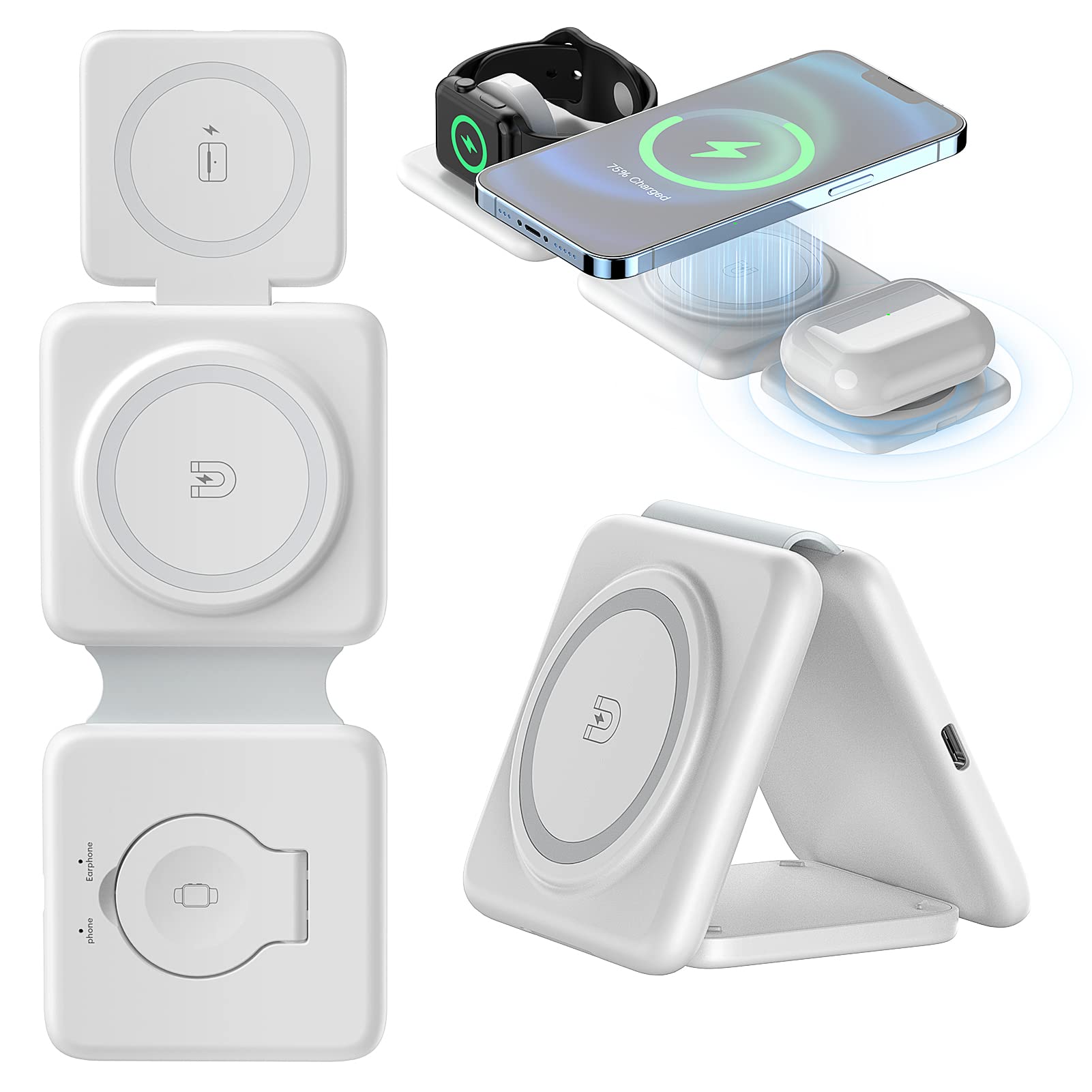 GEEK FULLY 3 in-1 Wireless Charging Pad Magnetic Foldable Charger Station Fast Travel Charger for Multiple Devices Adapt with Phone, iWatch Series, AirPods 3/2(Adapter not Included)