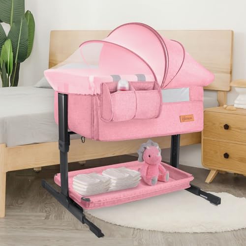 BIERUM Baby Bassinet, Bedside Sleeper for Baby, 6 Height Adjustable Bedside Bassinet with Wheels, Easy to Assemble Bedside Crid with Large Storage Bag for Newborn, Mattress & Mosquito Net Included