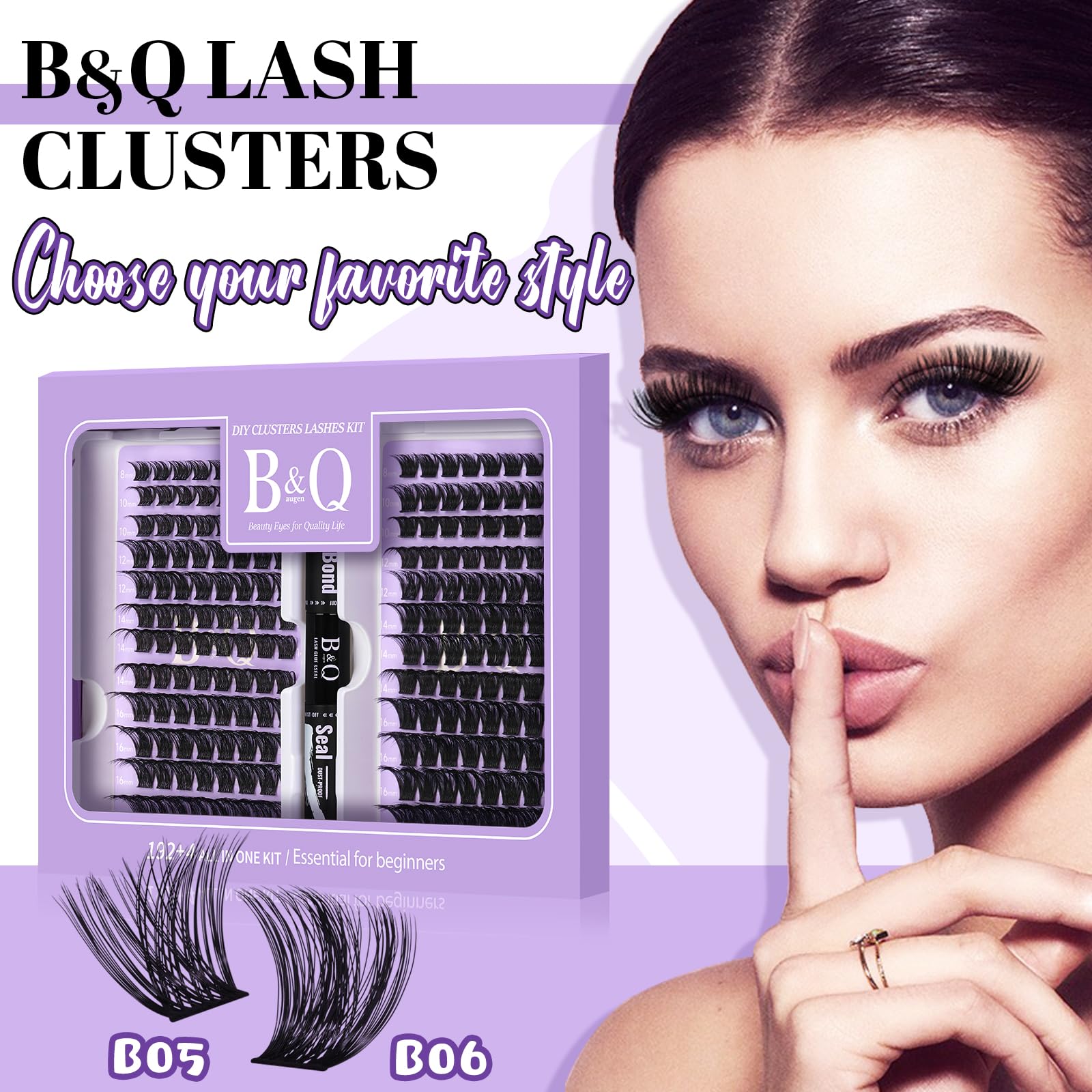 B&Q Lash Extension Kit 192 PCS Eyelash Extension Kit D Curl Lash Clusters Kit Wispy Individual Lash Kit DIY Lash Extension Kit with Lash Glue and Remover Applications (B05+B06, Kit)