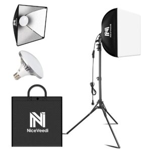 softbox lighting kit, niceveedi 16'' x 16'' softbox photography lighting kit with 63” tripod stand & 5400k 450w equivalent led bulb, continuous lighting for photography/video record/live streaming