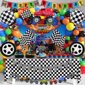 truck birthday party supplies truck theme party decorations, 99 pcs(backdrop tablecloth banner triangle bunting cake toppers foil balloons honeycomb centerpieces flags balloon garland arch kit)