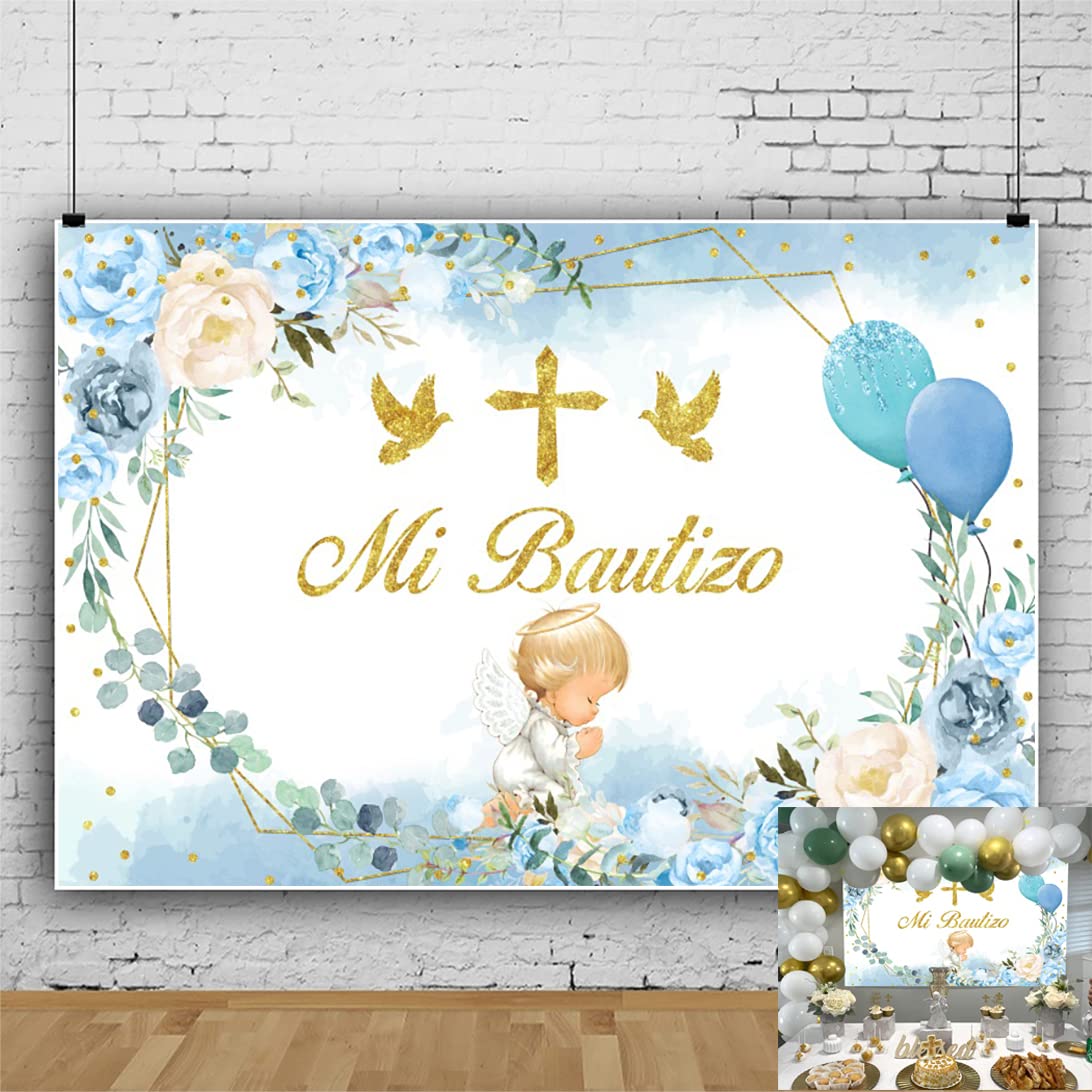 Lexfvpoo Mi Bautizo Baptism Backdrop 7x5ft First Holy Communion Christening Decorations Blue Flower Cute Angel God Bless Background for Boy Vinyl Mi Primera Comunion Banner Photo Shoot Props