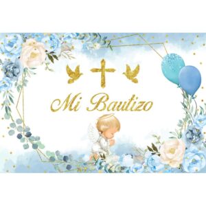 Lexfvpoo Mi Bautizo Baptism Backdrop 7x5ft First Holy Communion Christening Decorations Blue Flower Cute Angel God Bless Background for Boy Vinyl Mi Primera Comunion Banner Photo Shoot Props