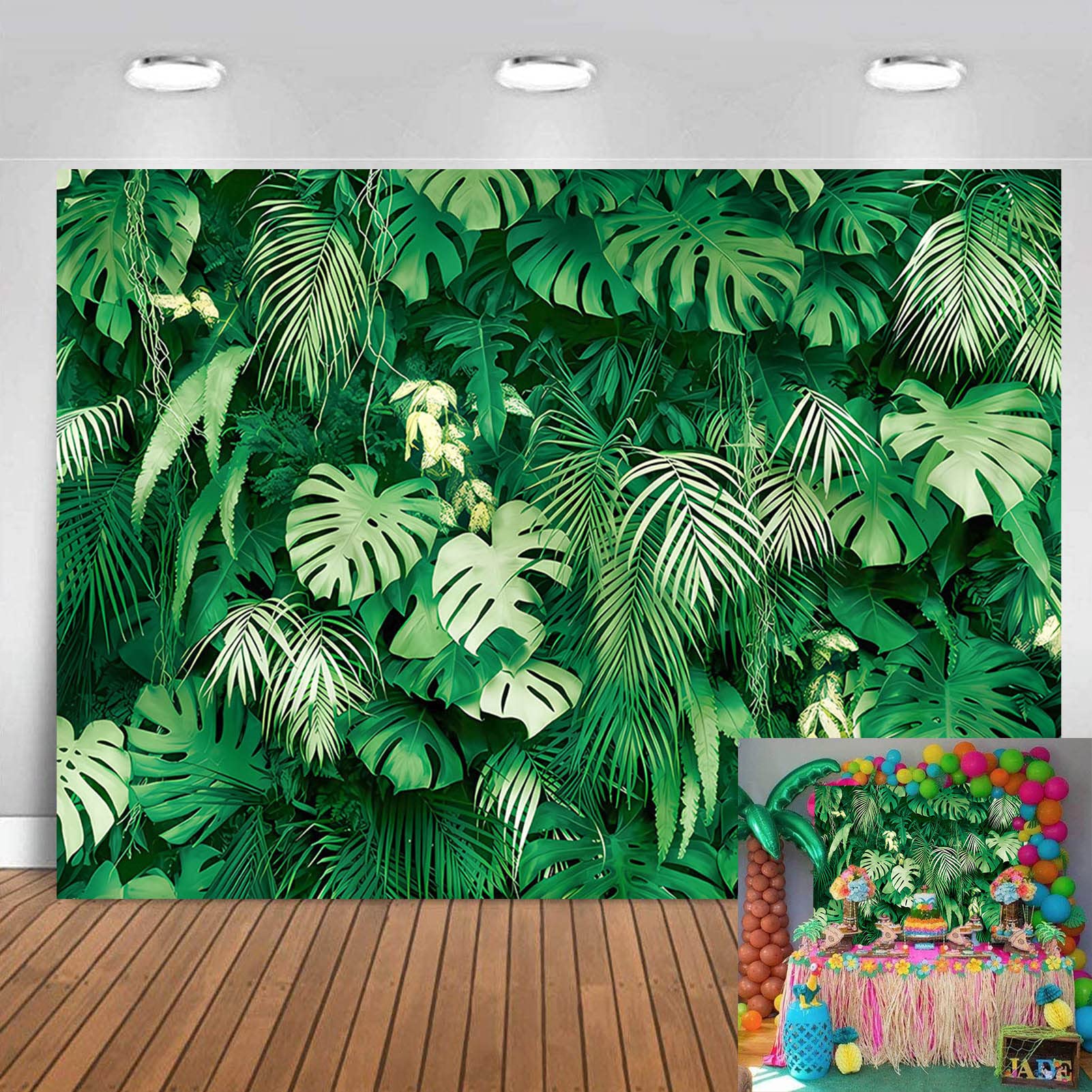 MAQTT 72X60in Jungle Safari Plants Photo Background for Hawaiian Luau Party Green Tropical Palm Leaves Picture Photography Backdrop Birthday Party Baby Shower Supplies Banner…