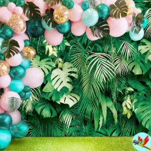 MAQTT 72X60in Jungle Safari Plants Photo Background for Hawaiian Luau Party Green Tropical Palm Leaves Picture Photography Backdrop Birthday Party Baby Shower Supplies Banner…