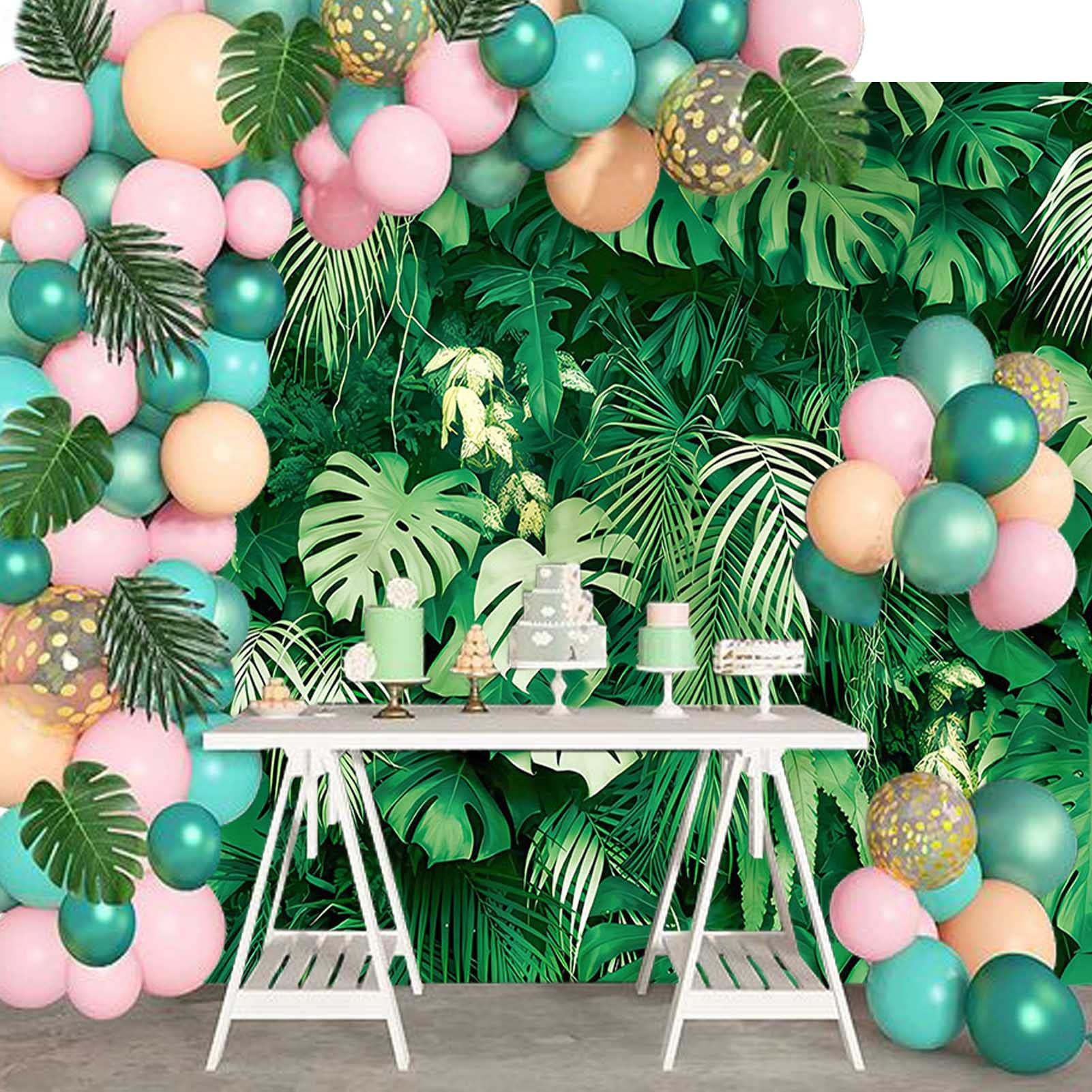 MAQTT 72X60in Jungle Safari Plants Photo Background for Hawaiian Luau Party Green Tropical Palm Leaves Picture Photography Backdrop Birthday Party Baby Shower Supplies Banner…