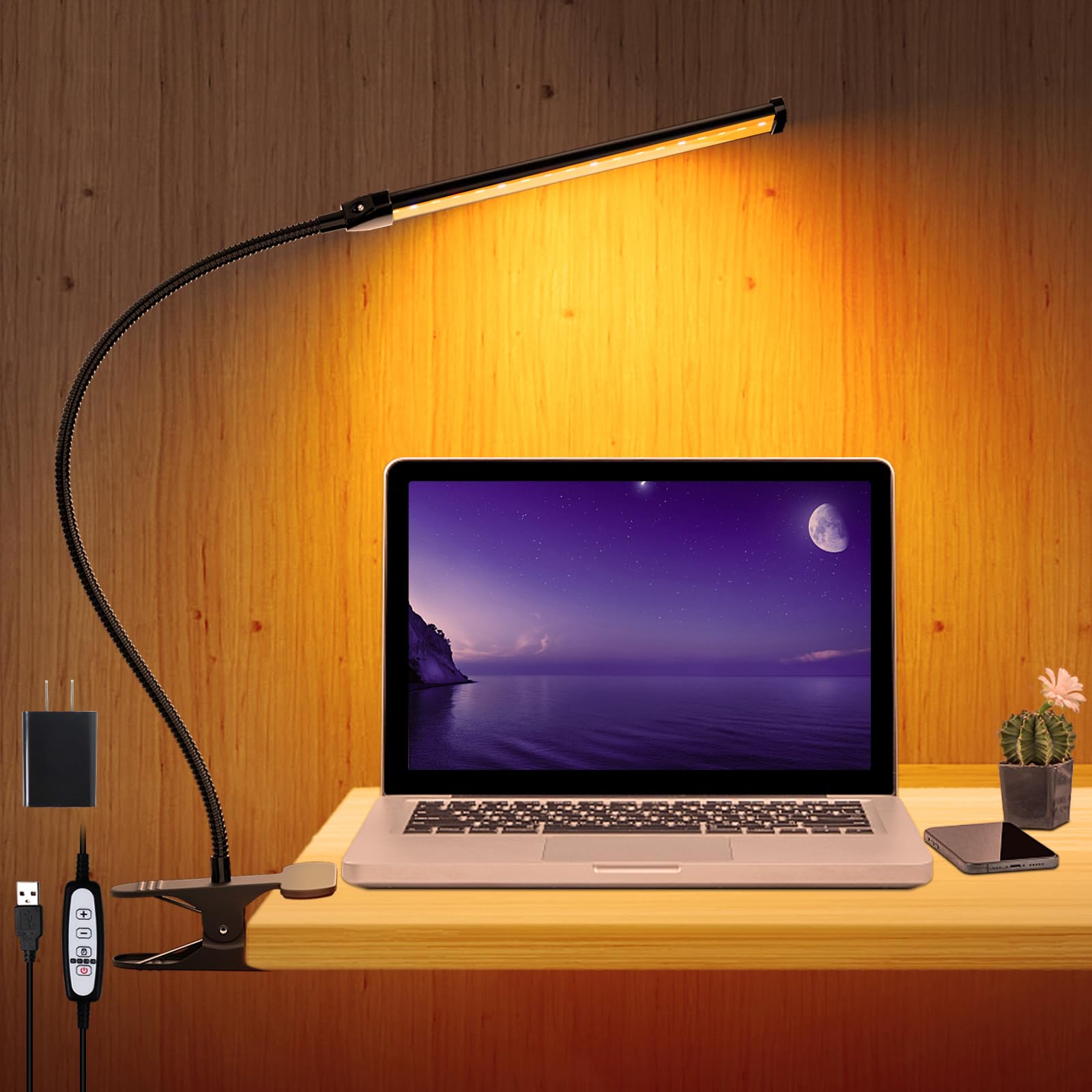 Desk Lamp for Office Home, Eye-Caring USB Clip on Light 3 Modes 5 Brightness, Adjustable 5W LED Desk Light Flexible Gooseneck Clamp Light for Workbench Headboard Study Reading Drafting(Metal)