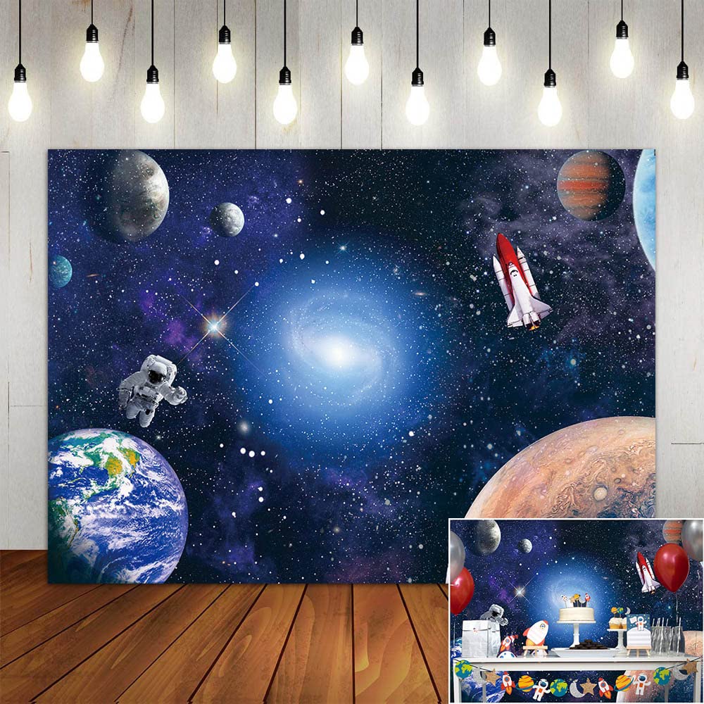 VOUORON Outer Space Happy Birthday Photography Backdrop for Kids Baby Astronaut Rocket Banner 7x5ft Universe Planet Photo Background for Children's Birthday Galaxy Planet Party Photo Studio Props