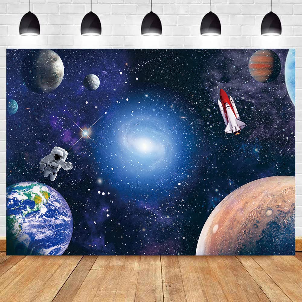 VOUORON Outer Space Happy Birthday Photography Backdrop for Kids Baby Astronaut Rocket Banner 7x5ft Universe Planet Photo Background for Children's Birthday Galaxy Planet Party Photo Studio Props