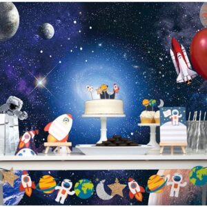 VOUORON Outer Space Happy Birthday Photography Backdrop for Kids Baby Astronaut Rocket Banner 7x5ft Universe Planet Photo Background for Children's Birthday Galaxy Planet Party Photo Studio Props