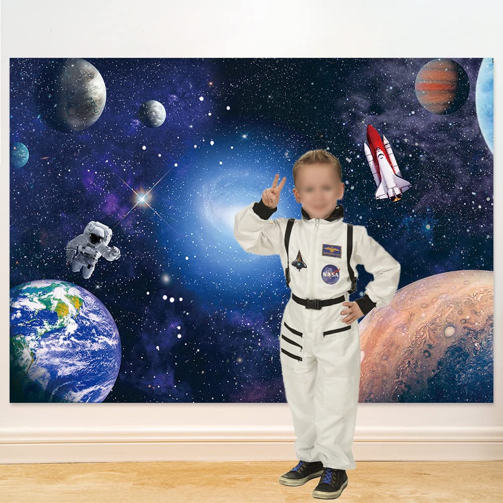 VOUORON Outer Space Happy Birthday Photography Backdrop for Kids Baby Astronaut Rocket Banner 7x5ft Universe Planet Photo Background for Children's Birthday Galaxy Planet Party Photo Studio Props