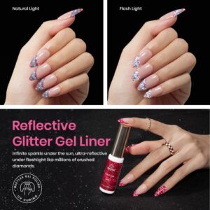 beetles Reflective Glitter Nail Art Gel Liner, 6 x 7ml Gel Nail Polish Built in Thin Brush, Soak off Curing Nail Gel for French Tip Nails Design Sparkle Under Light Flash Diamond Painted Polish