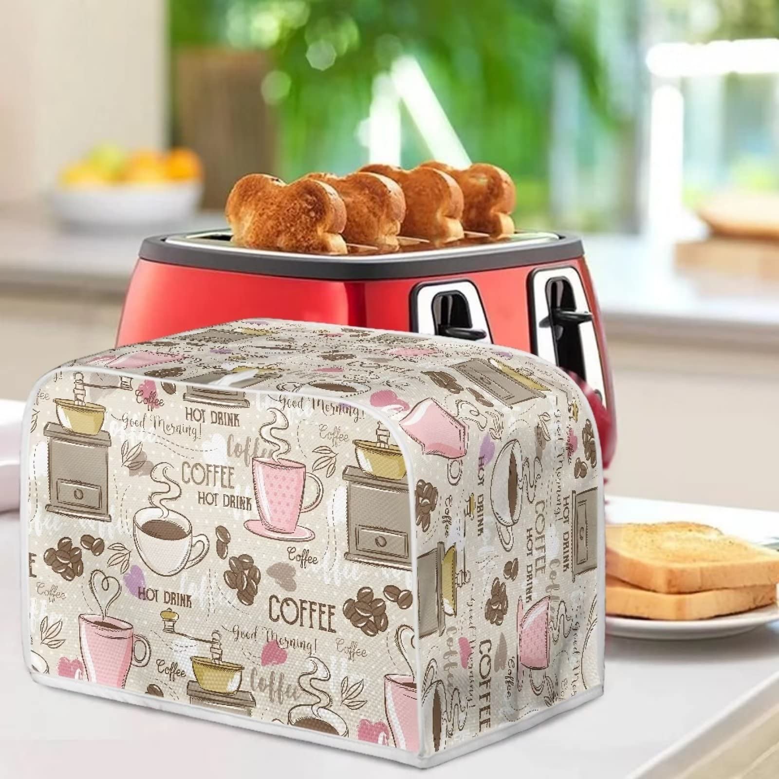 Talayituse Coffee Theme 4 Slice Toaster Covers Dust Protection Bread Maker Covers Toaster Oven Cloth Cover Kitchen Accessories Washable Appliance Cover