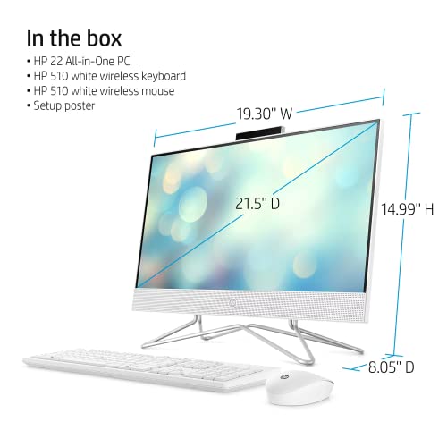 HP All-in-One Desktop, 21.5" FHD Screen, Intel Pentium Silver J5040, 16GB RAM, 512GB PCIe SSD, HD Webcam, HDMI, Media Card Reader, Wi-Fi, Wireless KB & Mouse, Windows 11 Home, White