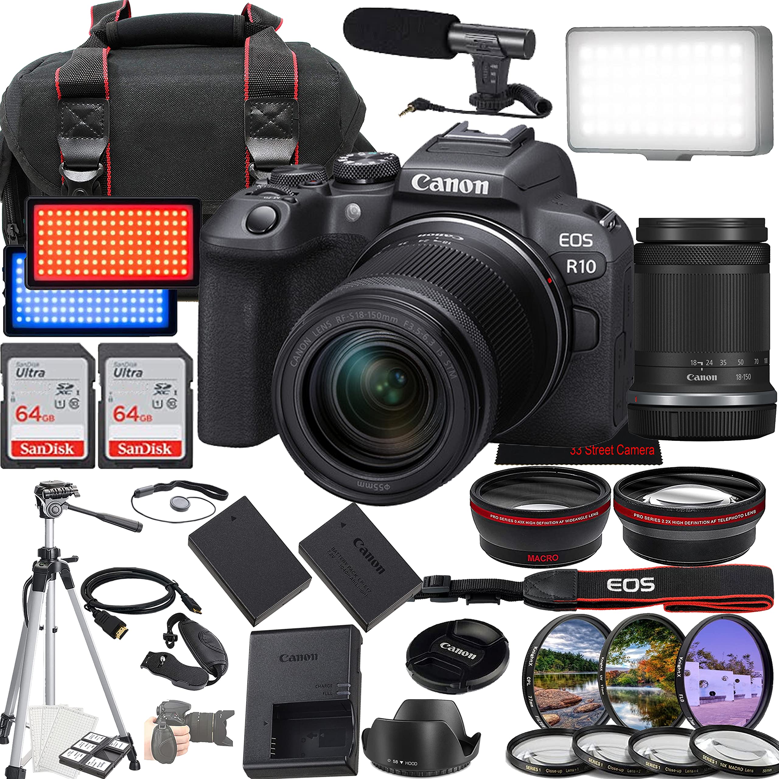 Canon EOS R10 Mirrorless Camera w/RF-S 18-150mm f/3.5-6.3 is STM Lens + 2X 64GB Memory + Case + Microphone + LED Video Light + More (35pc Bundle)