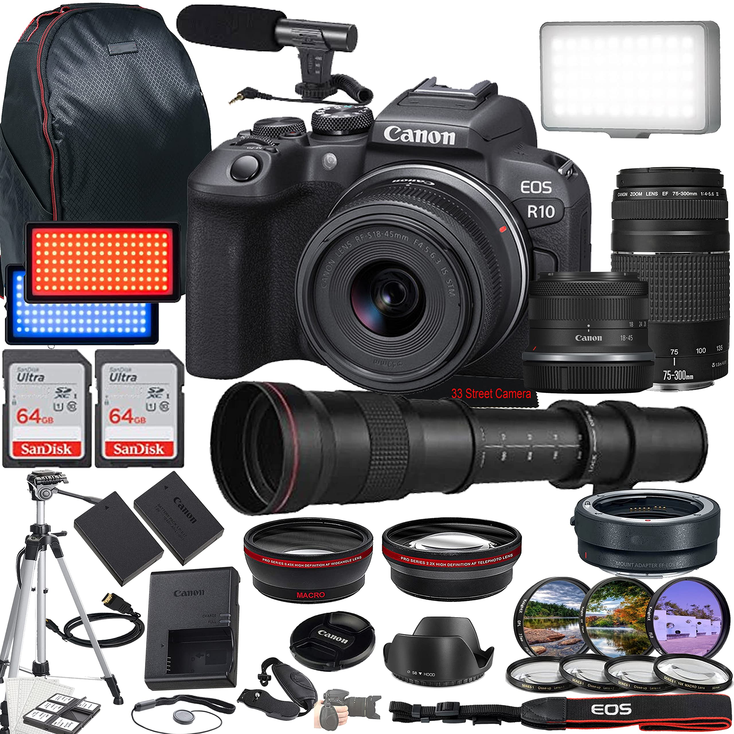 Canon EOS R10 Mirrorless Camera w/RF-S 18-45mm f/4.5-6.3 is STM + EF 75-300mm f/4-5.6 III Lens + 420-800mm f/8.3 HD Lens + 2X 64GB Memory + Case + Microphone + LED Video Light + More (35pc Bundle)