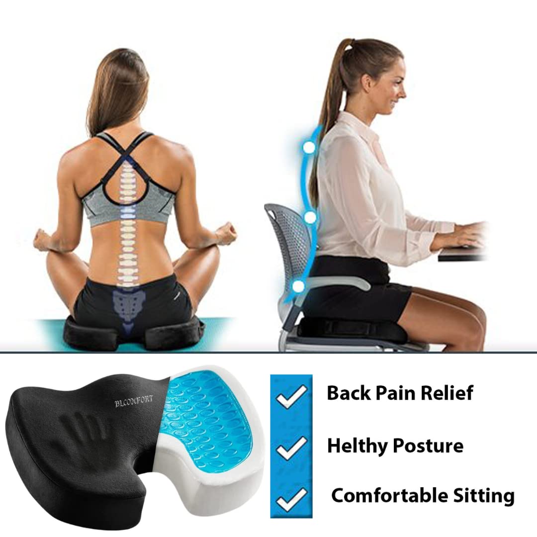 BLCOMFORT Seat Cushion for Desk Chair Gel Infused Pillow-Coccyx, Sciatica, Lumbar Support, Lower Back, Tailbone and Hemorrhoid-Washable Cover-Ideal for Work, Driving, Hard Surface and Flight Chair