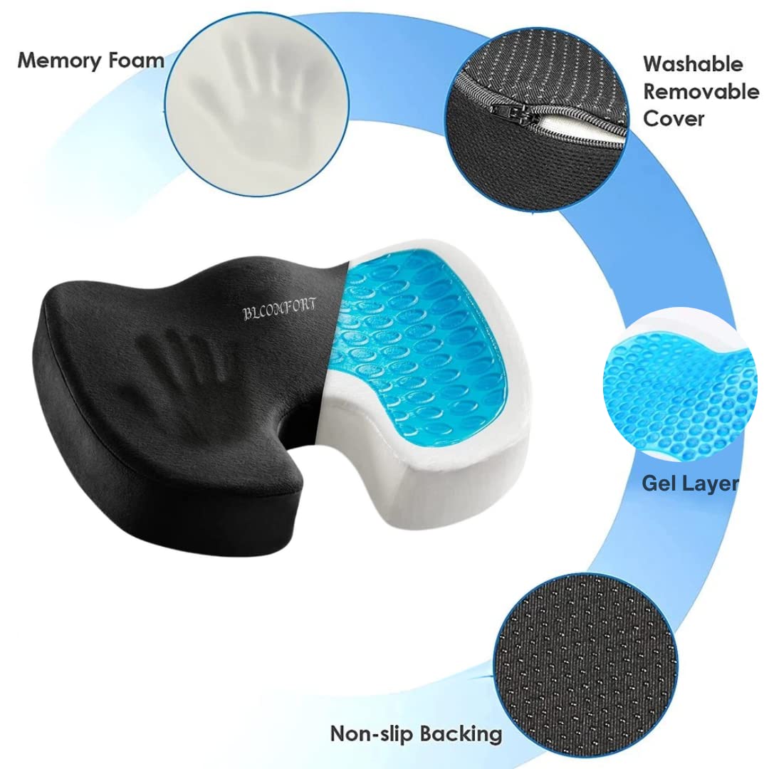 BLCOMFORT Seat Cushion for Desk Chair Gel Infused Pillow-Coccyx, Sciatica, Lumbar Support, Lower Back, Tailbone and Hemorrhoid-Washable Cover-Ideal for Work, Driving, Hard Surface and Flight Chair