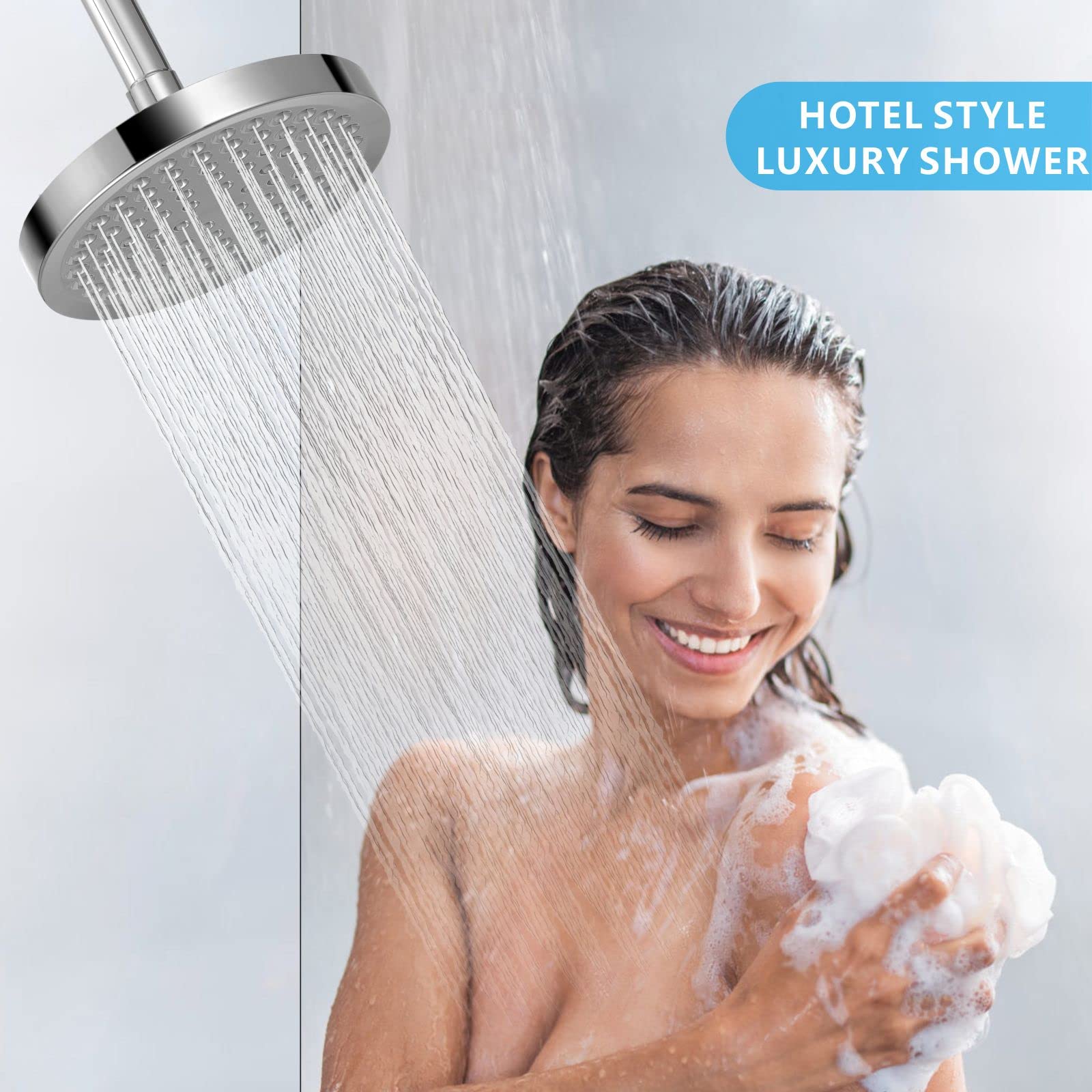 Voolan High Pressure Rain Shower Head - Luxury Modern Look - The Perfect Adjustable Replacement For Your Bathroom Showerhead - Comfortable Shower Experience Even at Low Water Flow (6“ Chrome)