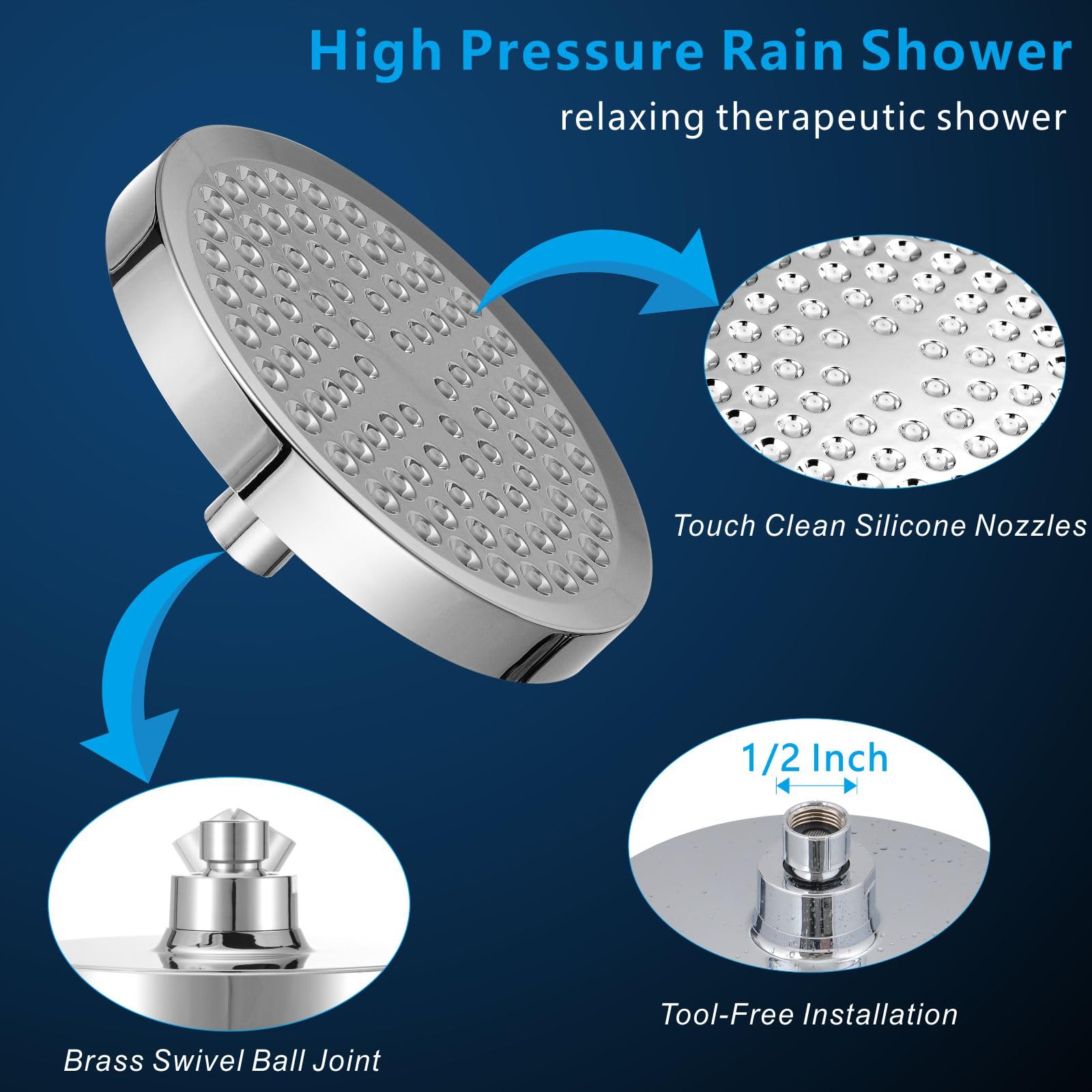 Voolan High Pressure Rain Shower Head - Luxury Modern Look - The Perfect Adjustable Replacement For Your Bathroom Showerhead - Comfortable Shower Experience Even at Low Water Flow (6“ Chrome)