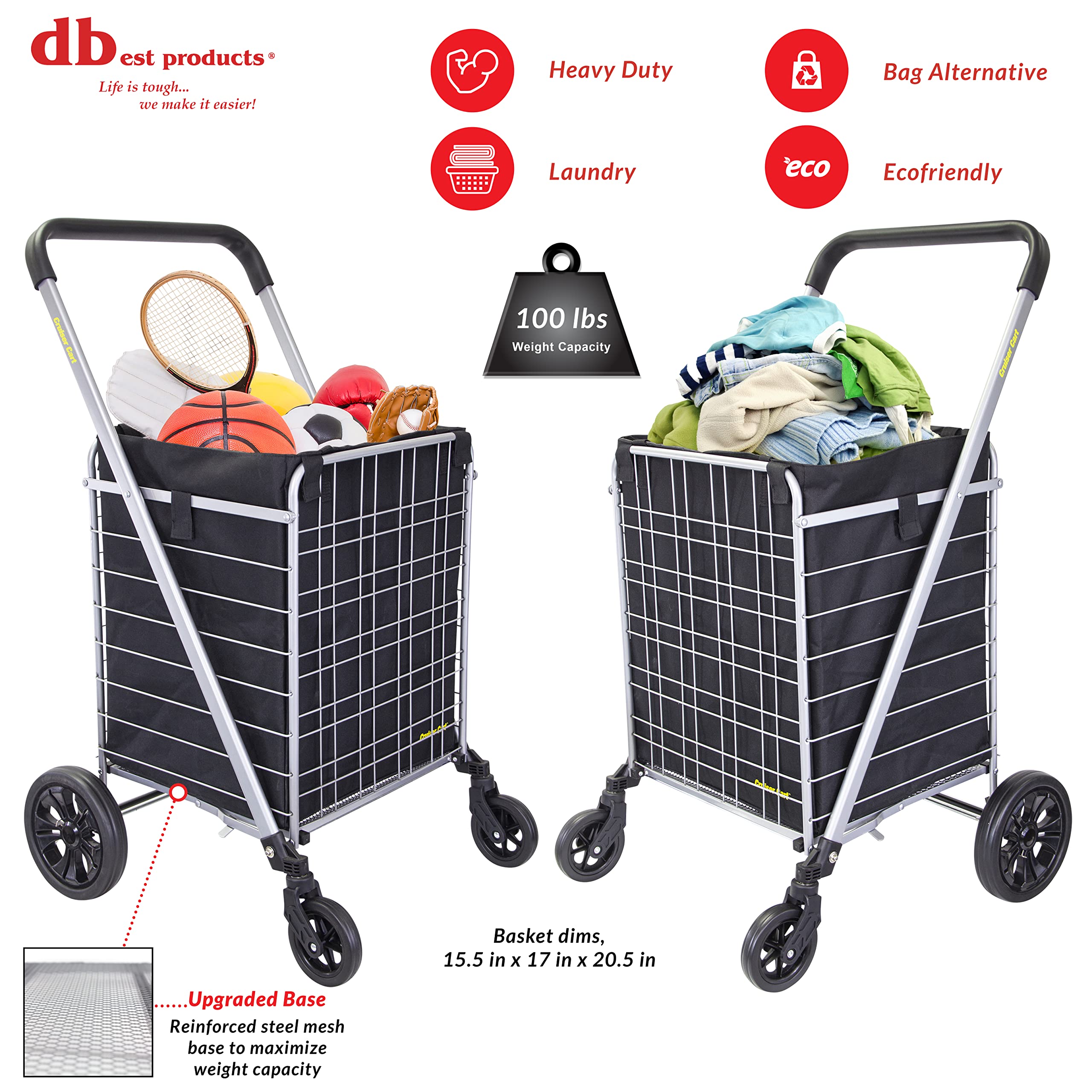 dbest products Cruiser Cart Deluxe Premium Liner Bag Shopping Laundry with Easy Detachable Hook and Loop Attachments Bolsa para Carritos de Compras