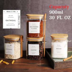 CZZGSM Set of 4 Square Glass Jar with Bamboo Lids and Spoons – Airtight 27 oz Borosilicate Glass Food Storage Contaienrs with 132 Kitchen Pantry Labels for Coffee, Tea, Sugar