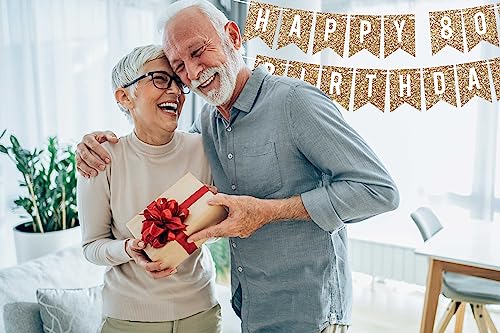 Pre-Strung Happy 80th Birthday Banner - NO DIY - Gold Glitter 80th Birthday Party Banner For Men & Women - Pre-Strung Garland on 6 ft Strands - Gold Birthday Party Decorations & Decor. Did we mention