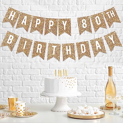 Pre-Strung Happy 80th Birthday Banner - NO DIY - Gold Glitter 80th Birthday Party Banner For Men & Women - Pre-Strung Garland on 6 ft Strands - Gold Birthday Party Decorations & Decor. Did we mention