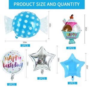 Birthday ice cream Candy Aluminum Foil Balloons set, 5pcs blue series Kids Cartoon Mylar Balloons， for Summer Kids Birthday,Baby Shower,Candyland Sprinkle Party Decorations